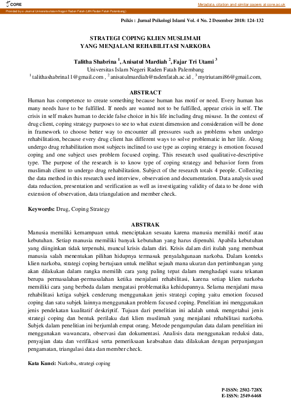(PDF) Strategi Coping Klien Muslimah Yang Menjalani Rehabilitasi Narkoba
