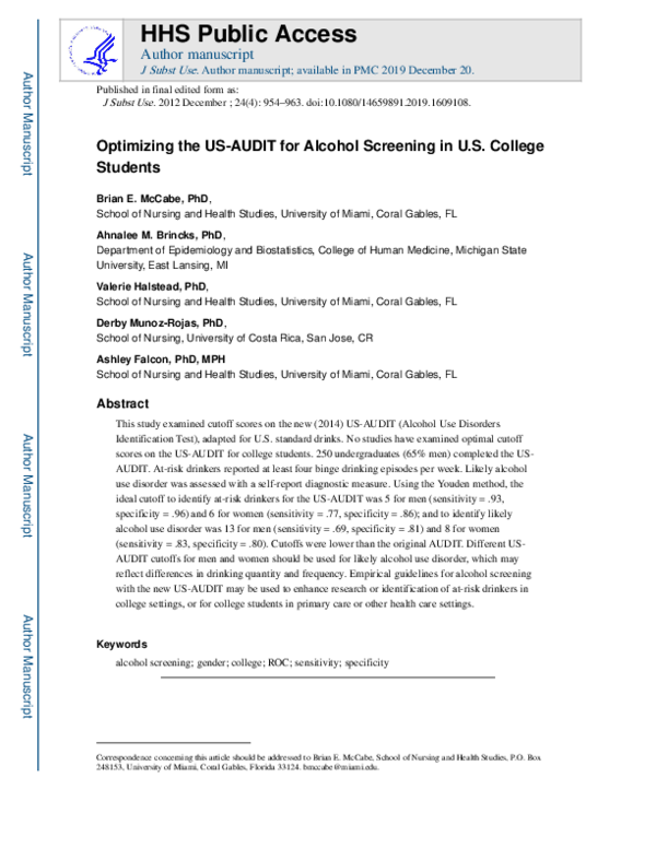 (PDF) Optimizing the US-AUDIT for alcohol screening in U.S. college ...