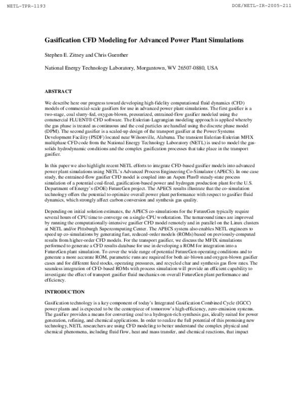 (PDF) Gasification CFD modeling for advanced power plant simulations