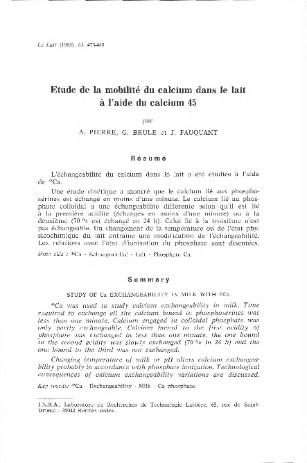 (PDF) Etude de la mobilité du calcium dans le lait à l'aide du calcium 45
