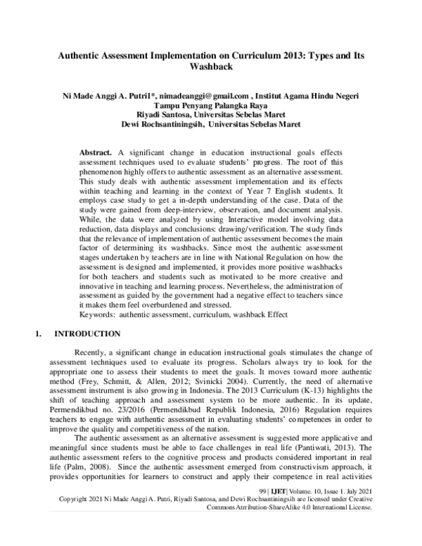 (PDF) Authentic Assessment Implementation on Curriculum 2013: Types and Its Washback