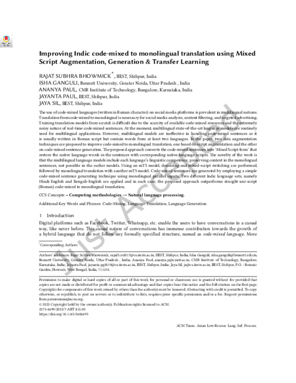 (PDF) Improving Indic code-mixed to monolingual translation using Mixed Script Augmentation ...