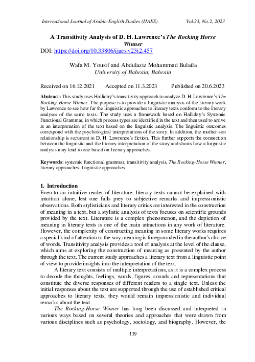 (PDF) A Transitivity Analysis of D. H. Lawrence’s The Rocking Horse Winner