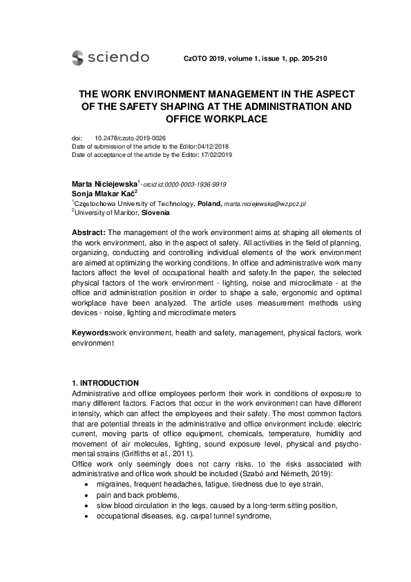 (PDF) The Work Environment Management in the Aspect of the Safety ...