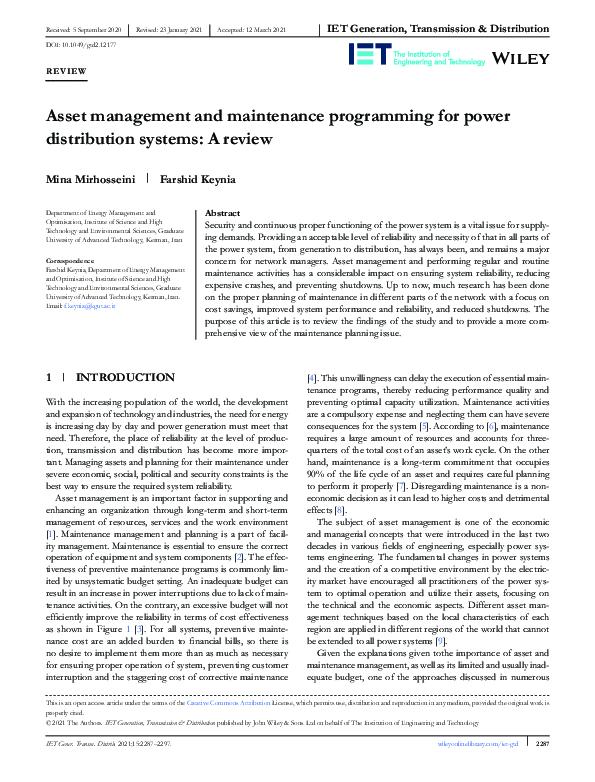 (PDF) Asset management and maintenance programming for power distribution systems: A review