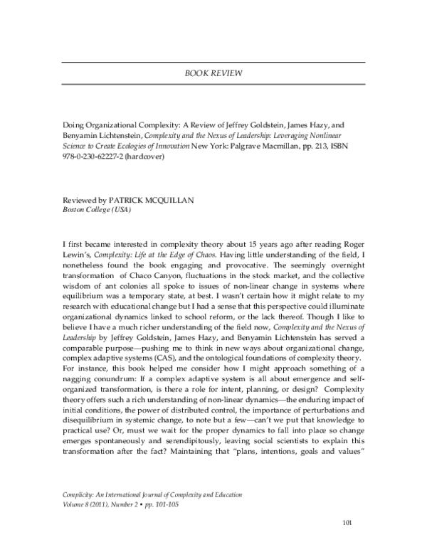 (PDF) BOOK REVIEW Doing Organizational Complexity: A Review of