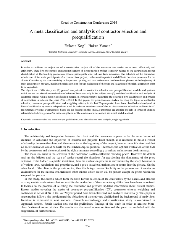 (PDF) A Meta Classification and Analysis of Contractor Selection and ...