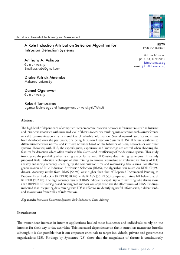 Pdf A Rule Induction Attribution Selection Algorithm For Intrusion