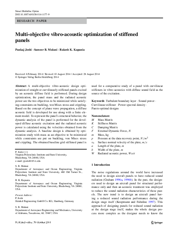 (PDF) Multi-objective vibro-acoustic optimization of stiffened panels
