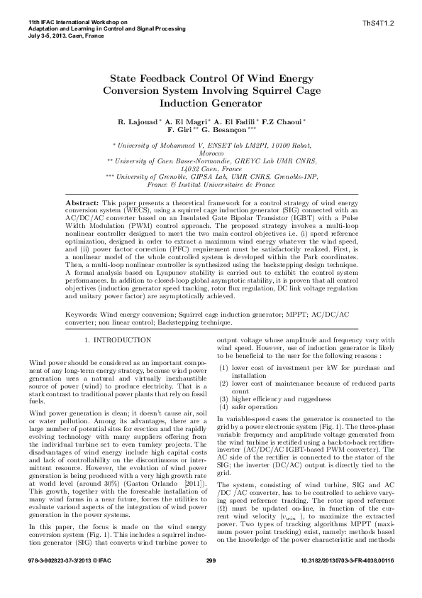 Pdf State Feedback Control Of Wind Energy Conversion System Involving Squirrel Cage Induction