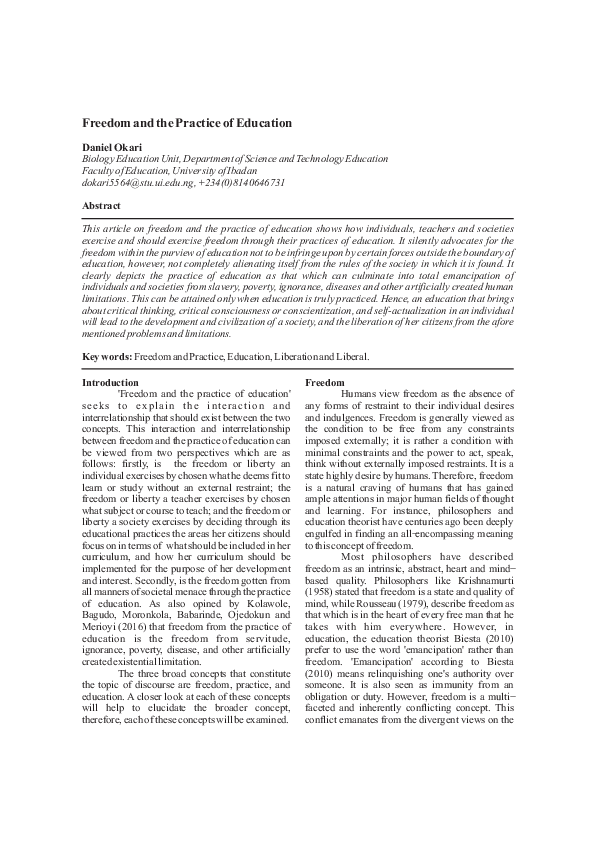 (PDF) Freedom and the Practice of Education