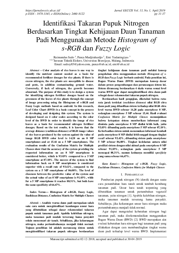 (PDF) Identifikasi Takaran Pupuk Nitrogen Berdasarkan Tingkat Kehijauan ...