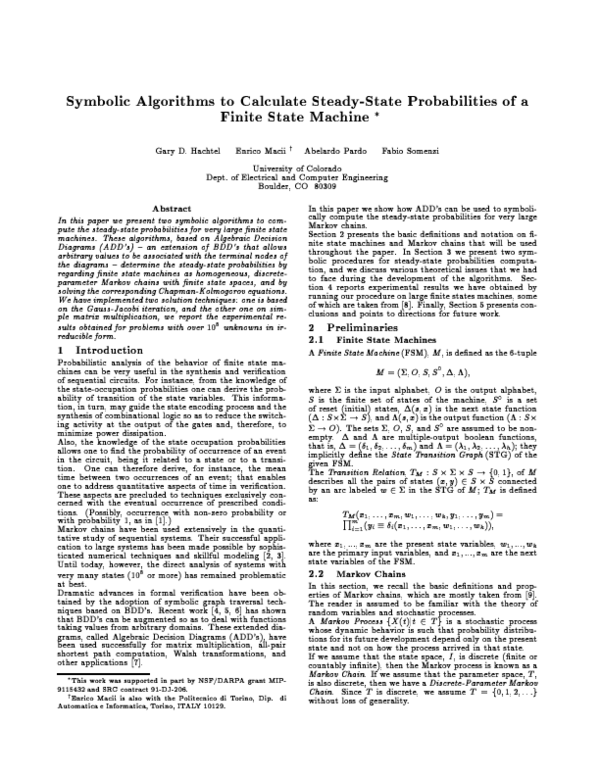 (PDF) Symbolic algorithms to calculate steady-state probabilities of a finite state machine