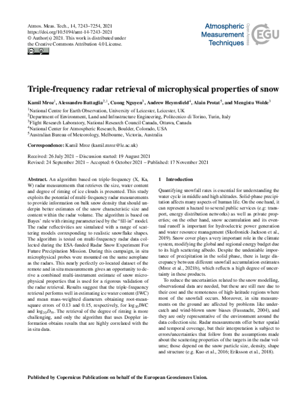 (PDF) Triple frequency radar retrieval of microphysical properties of snow