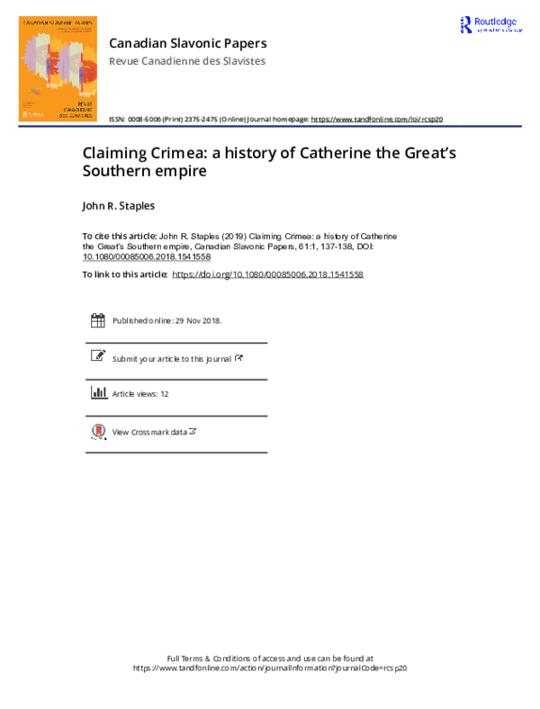 (PDF) Claiming Crimea: a history of Catherine the Great’s Southern empire