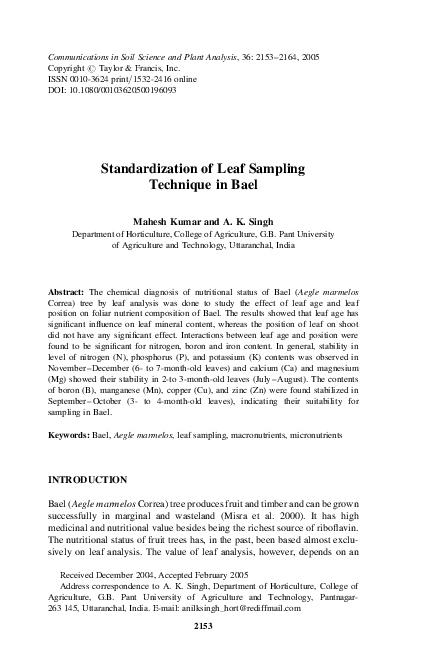 (PDF) Standardization of Leaf Sampling Technique in Bael