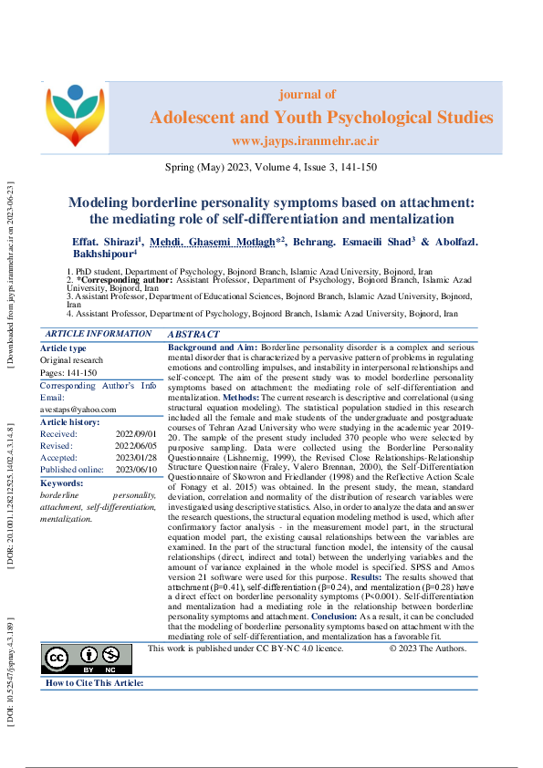 (PDF) Modeling borderline personality symptoms based on attachment: the ...