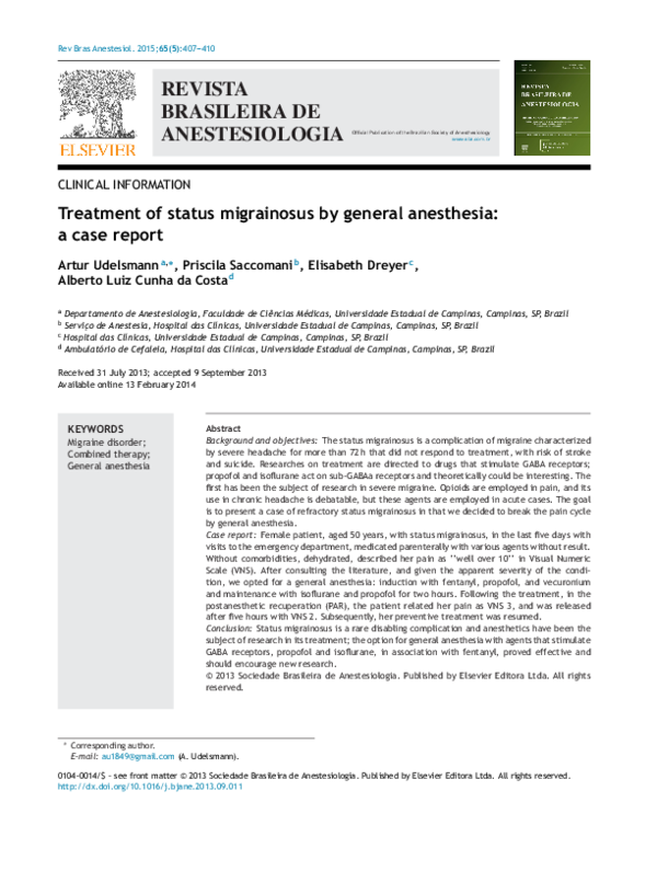 (PDF) Treatment of status migrainosus by general anesthesia: a case report
