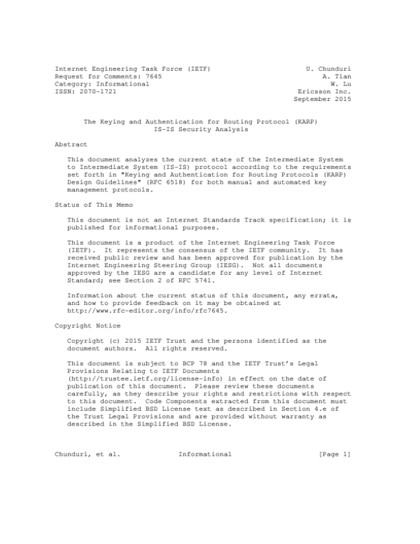 (PDF) The Keying and Authentication for Routing Protocol (KARP) IS-IS Security Analysis