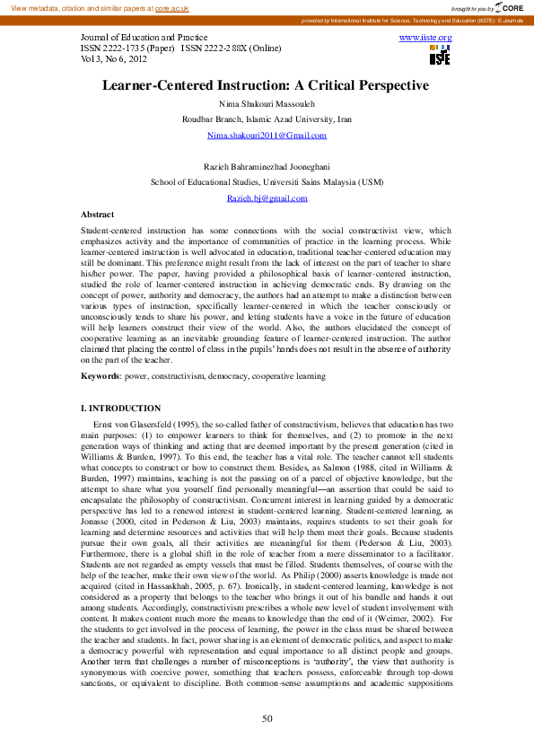 (PDF) Learner-Centered Instruction: A Critical Perspective