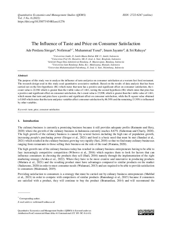 (PDF) The Influence of Taste and Price on Consumer Satisfaction