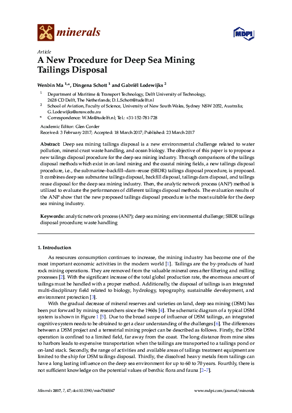 (PDF) A New Procedure for Deep Sea Mining Tailings Disposal