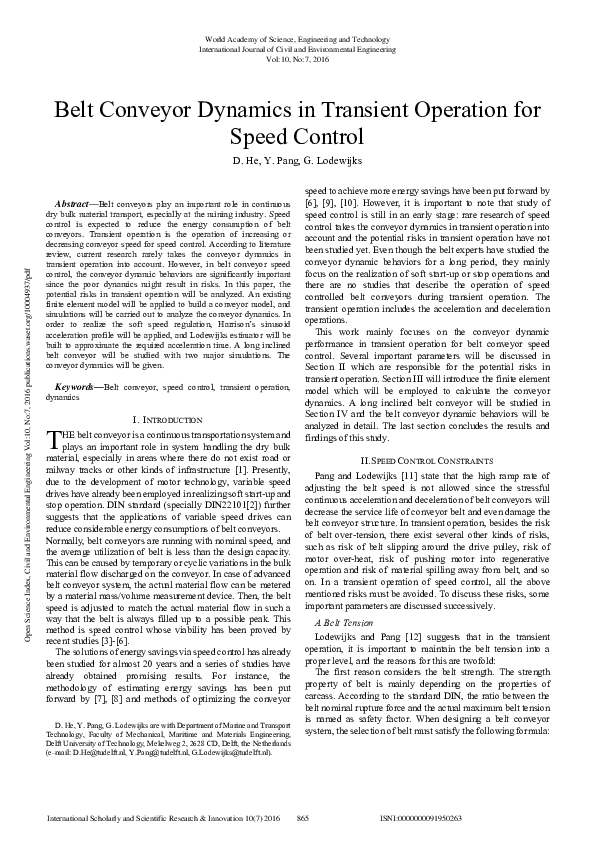 (PDF) Belt Conveyor Dynamics In Transient Operation For Speed Control
