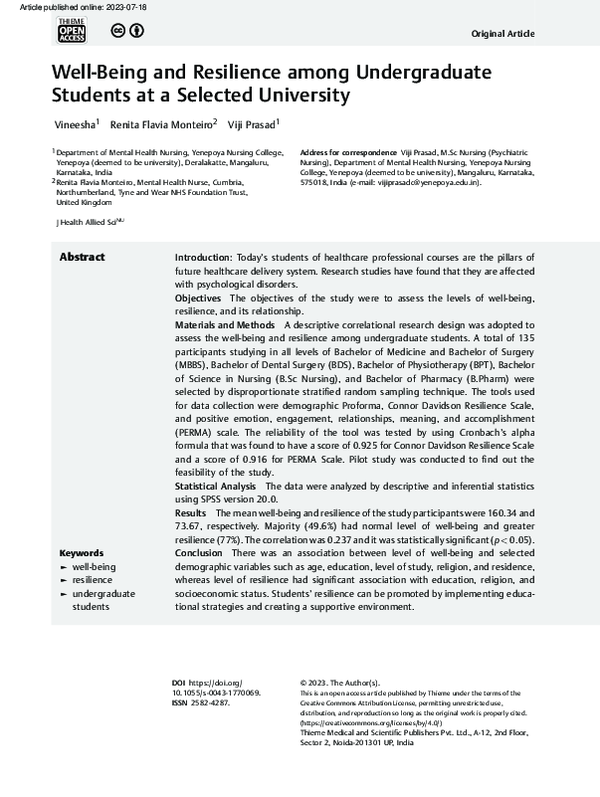 (PDF) Well-Being and Resilience among Undergraduate Students at a ...