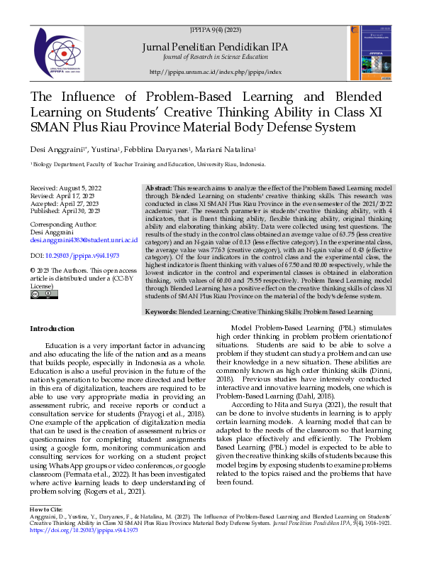 (PDF) Influence of Problem-Based Learning and Blended Learning on Students’ Creative Thinking ...
