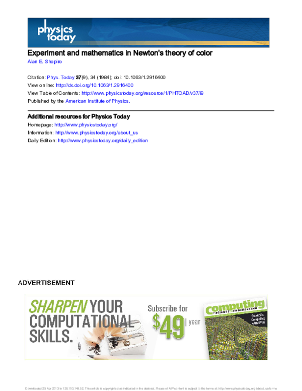 (PDF) Experiment and mathematics in Newton's theory of color