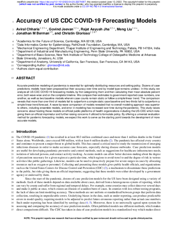 (PDF) Accuracy of US CDC COVID-19 Forecasting Models | Aayush Jha ...