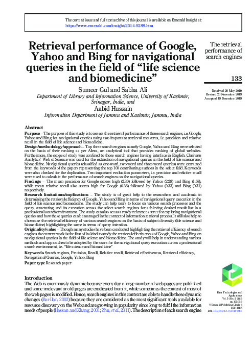 (PDF) Retrieval performance of Google, Yahoo and Bing for navigational ...