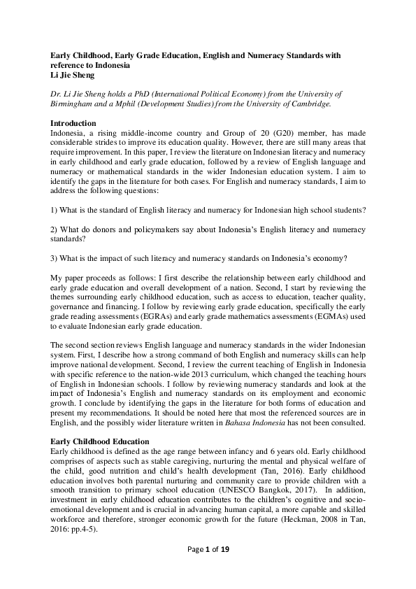 (PDF) Early Childhood, Early Grade Education, English and Numeracy ...