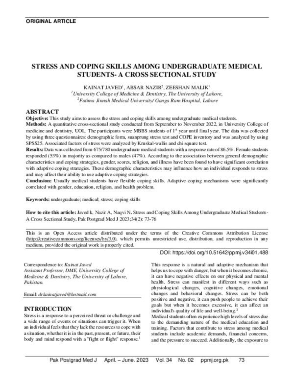 (PDF) Stress and Coping Skills Among Undergraduate Medical Students- a Cross Sectional Study