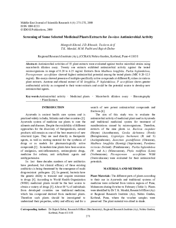 Pdf Screening Of Some Selected Medicinal Plants Extracts For In Vitro