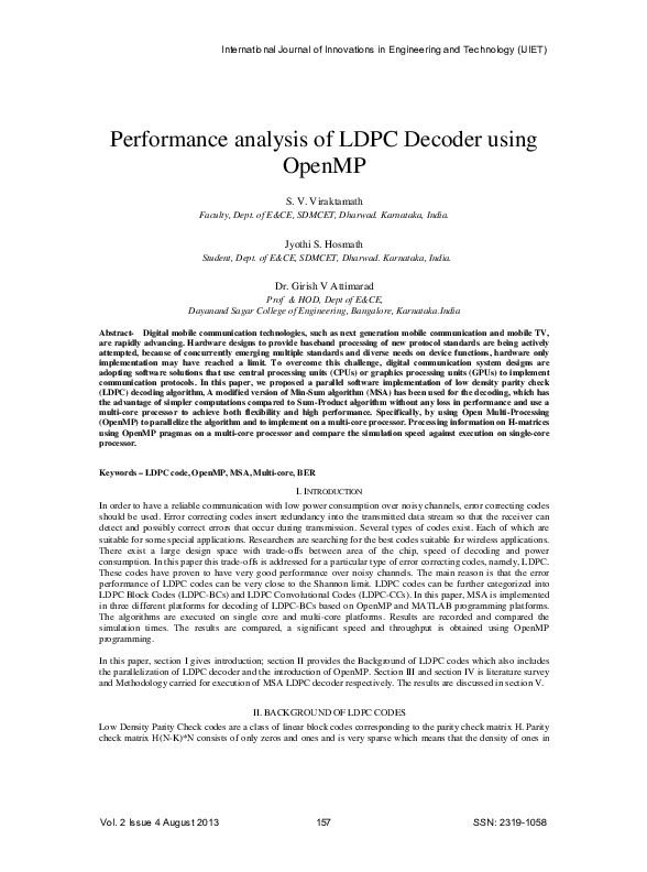 Pdf Performance Analysis Of Ldpc Decoder Using Openmp