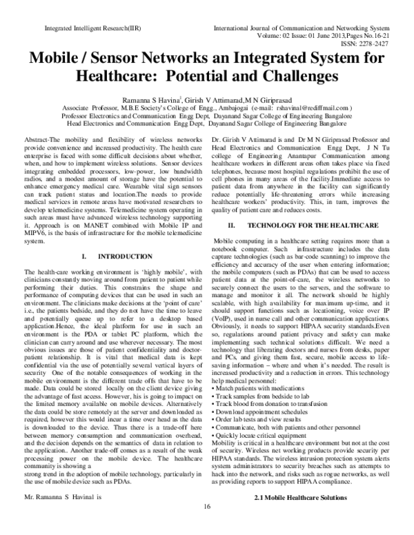 Mobile Sensor Networks An Integrated System For Healthcare Potential And Challenges