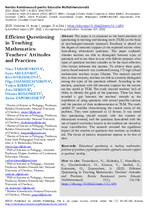 (PDF) Efficient Questioning in Teaching Mathematics: Teachers ...