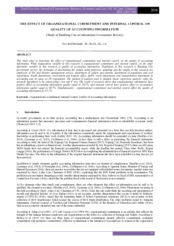 (PDF) THE EFFECT OF ORGANIZATIONAL COMMITMENT AND INTERNAL CONTROL ON QUALITY OF ACCOUNTING ...