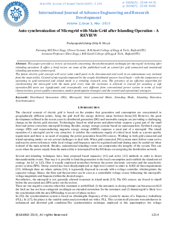 Pdf Auto Synchronization Of Microgrid With Main Grid After Islanding Operation A Review
