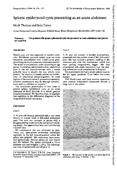 (PDF) Splenic epidermoid cysts presenting as an acute abdomen