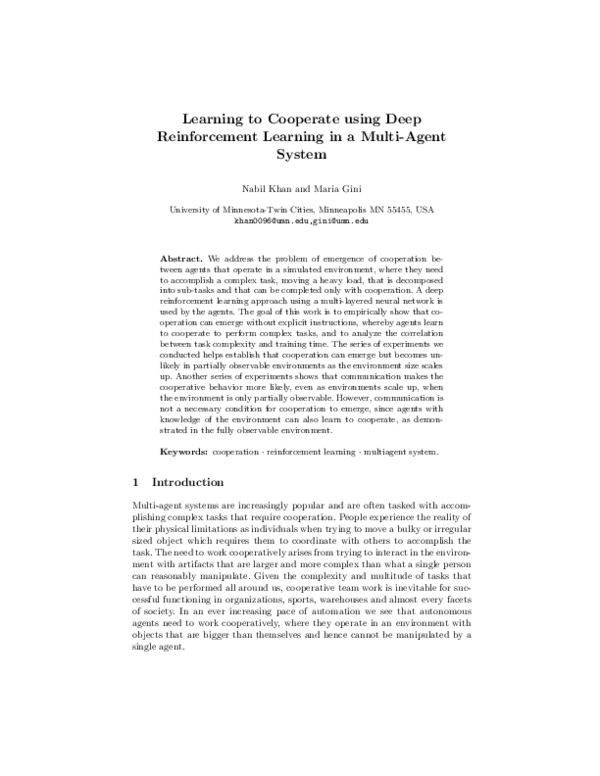 Pdf Learning To Cooperate Using Deep Reinforcement Learning In A