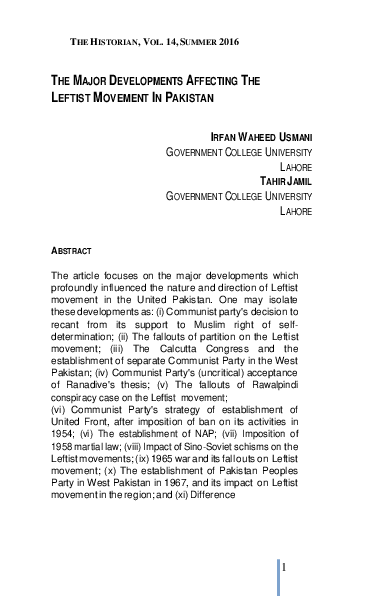 (PDF) THE MAJOR DEVELOPMENTS AFFECTING THE LEFTIST MOVEMENT IN PAKISTAN