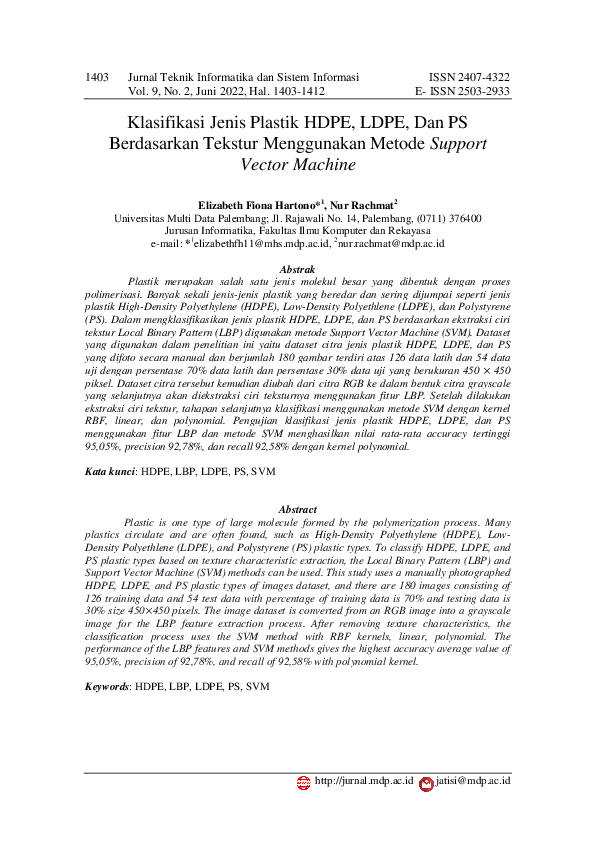 (PDF) Klasifikasi Jenis Plastik HDPE, LDPE, dan PS Berdasarkan Tekstur ...