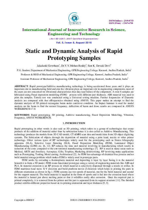 (PDF) Static and Dynamic Analysis of Rapid Prototyping Samples | Devaki Devi ME - Academia.edu