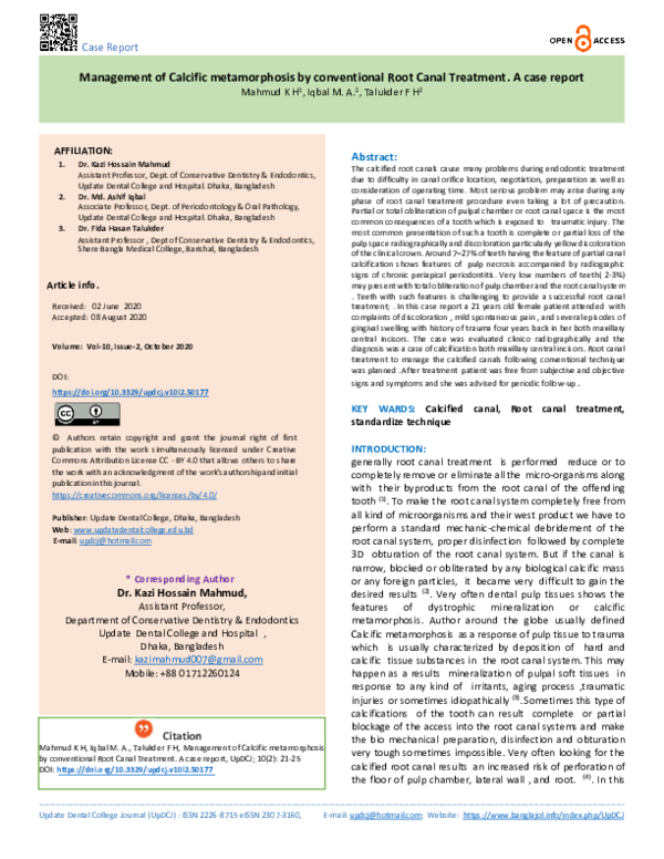 (PDF) Management of Calcific metamorphosis by conventional Root Canal ...