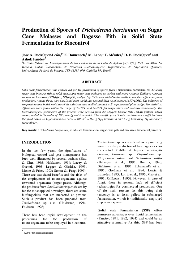 Pdf Production Of Spores Of Trichoderma Harzianum On Sugar Cane Molasses And Bagasse Pith In