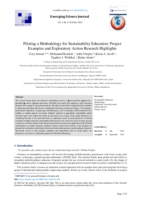 (PDF) Piloting a Methodology for Sustainability Education: Project ...