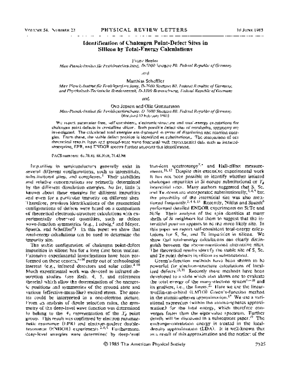 (PDF) Identification of Chalcogen Point-Defect Sites in Silicon by ...