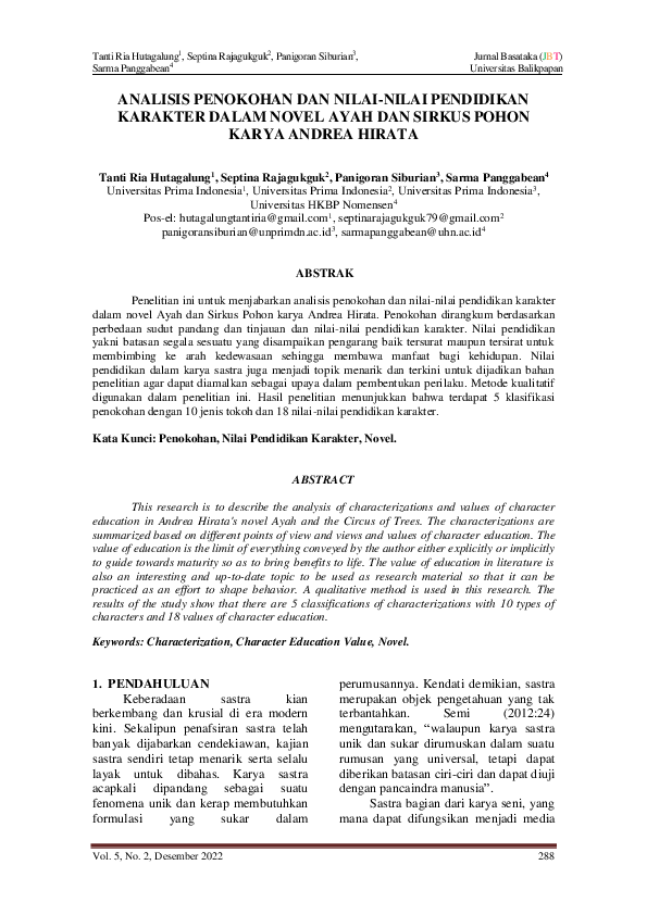 (PDF) Analisis Penokohan Dan Nilai-Nilai Pendidikan Karakter Dalam Novel Ayah Dan Sirkus Pohon ...